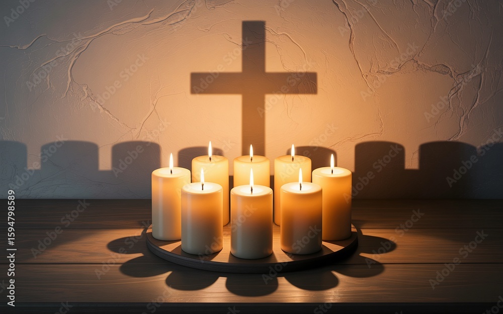 Pentecost, Lit Candles Cast Cross Shadow on Textured Wall, Religious ...