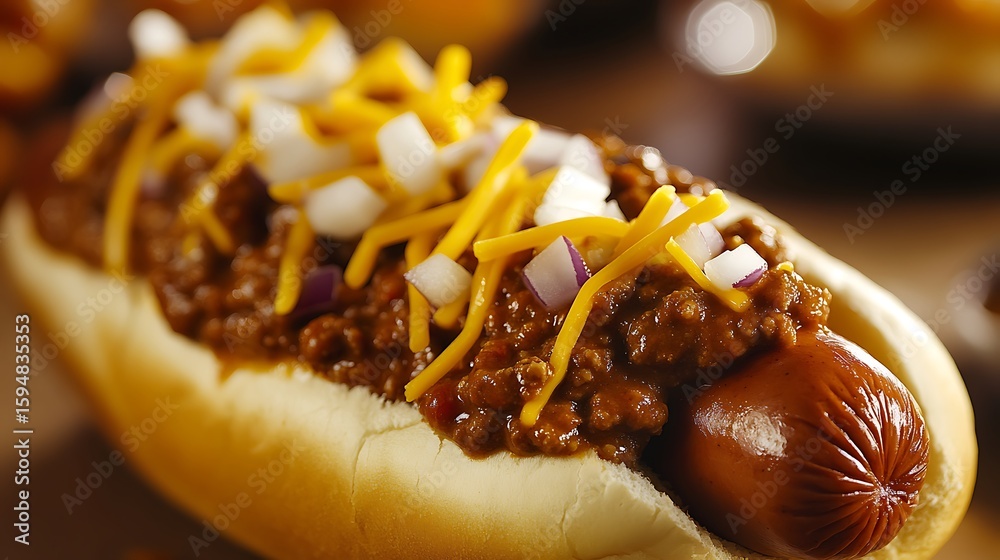 Chili Cheese Hot Dog with Diced Onions Stock Photo | Adobe Stock