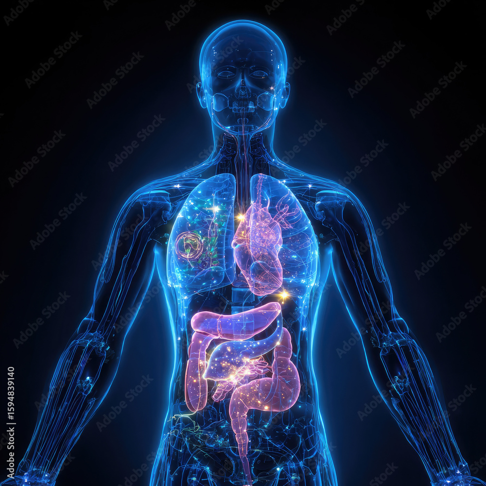 Human body anatomy with internal organs represented as glowing in a ...