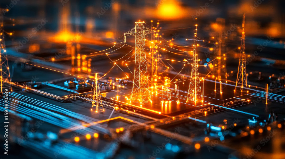 A miniature model complex power grid, featuring a network of towers and ...