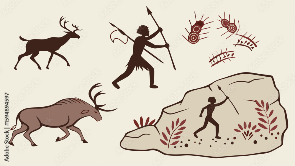 Vector de Stock Ancient cave paintings of prehistoric people hunting deer and moose. Stone Age ...
