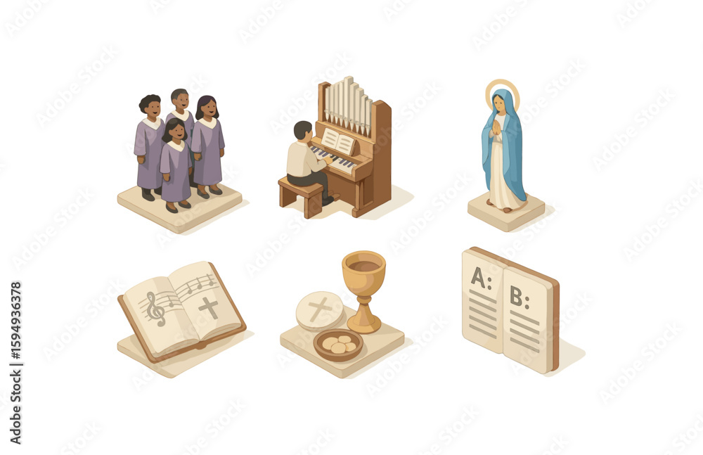 Religious symbols and figures: choir, organist, virgin mary, hymnal ...