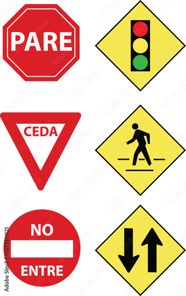 Collection of six different traffic signs, including stop, yield ...
