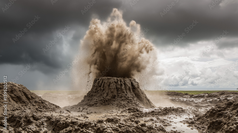 Mud eruption bursting from the ground with intense pressure, creating a ...