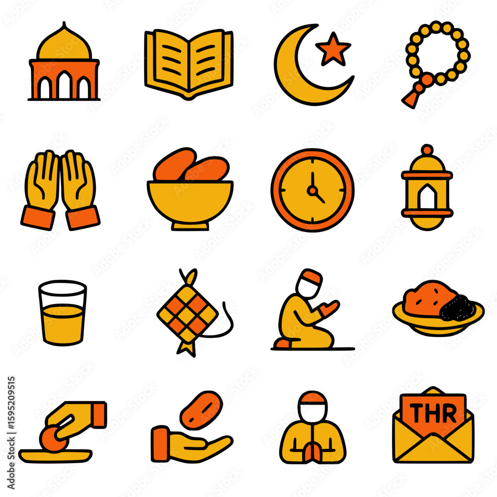 Collection of colorful, outlined icons representing Islamic symbols and ...
