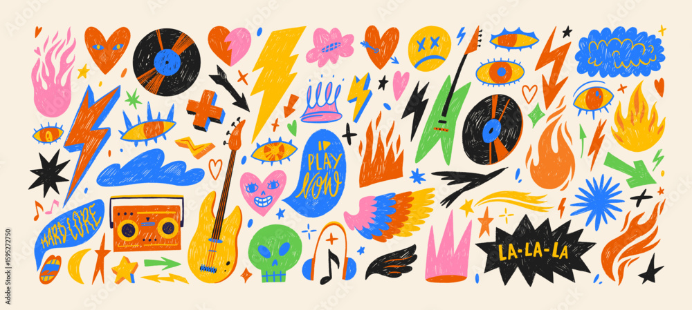 Punk and rock crayon drawn stickers, doodles or illustrations. Funky ...