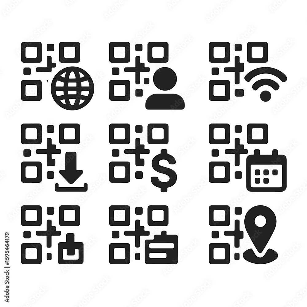 Solid QR Code Icons. Solid style icons of QR code types: URL QR ...