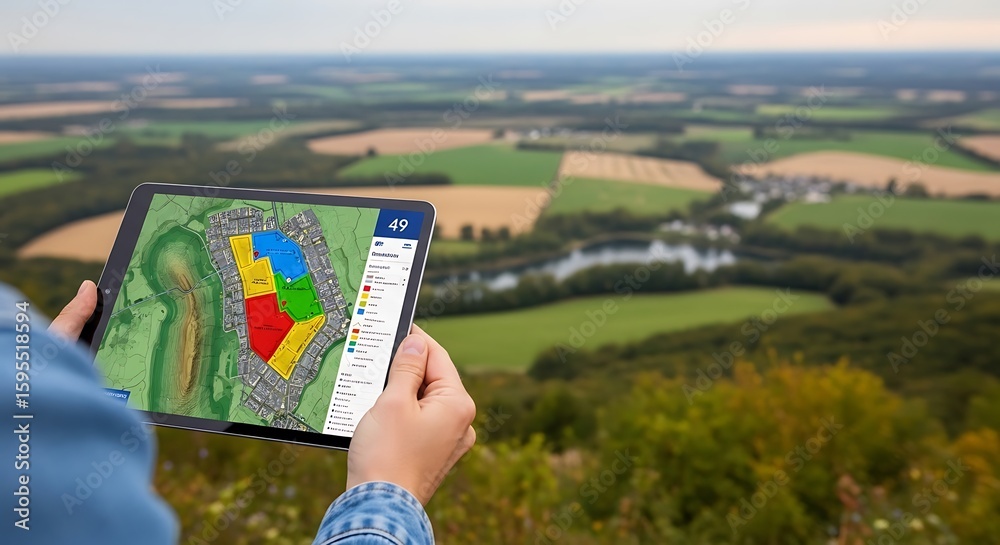 Person using digital tablet to view a land use map of a rural landscape ...