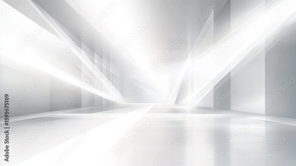 Bright white minimalist futuristic interior space with light beams and ...