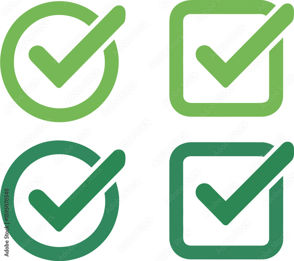 Check mark vector set: green circle and square tick symbols for ui ...