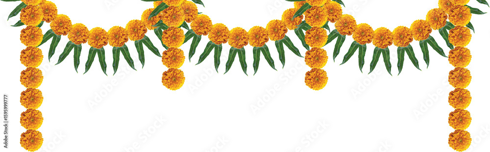 Marigold garland entrance gate with mango leafs festive element Stock ...