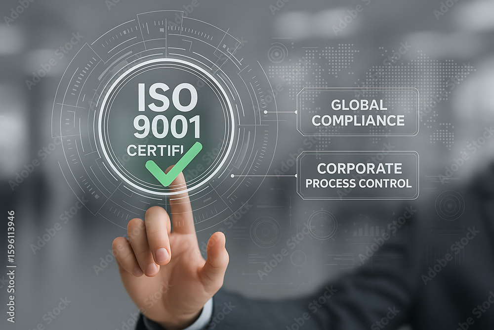 Businessman interacting with transparent digital screen displaying ISO ...