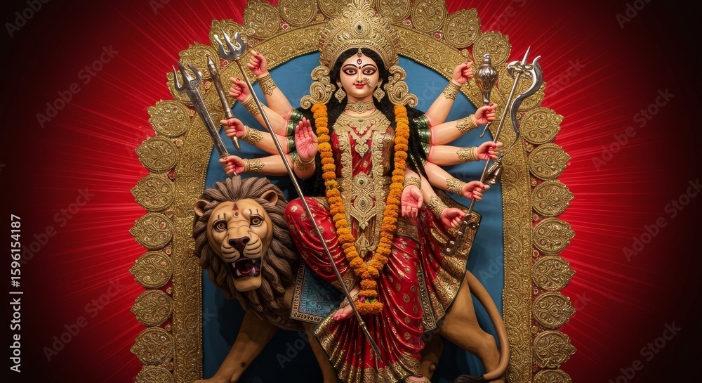 Goddess Durga idol with ten arms and lion, decorated with marigolds, on ...
