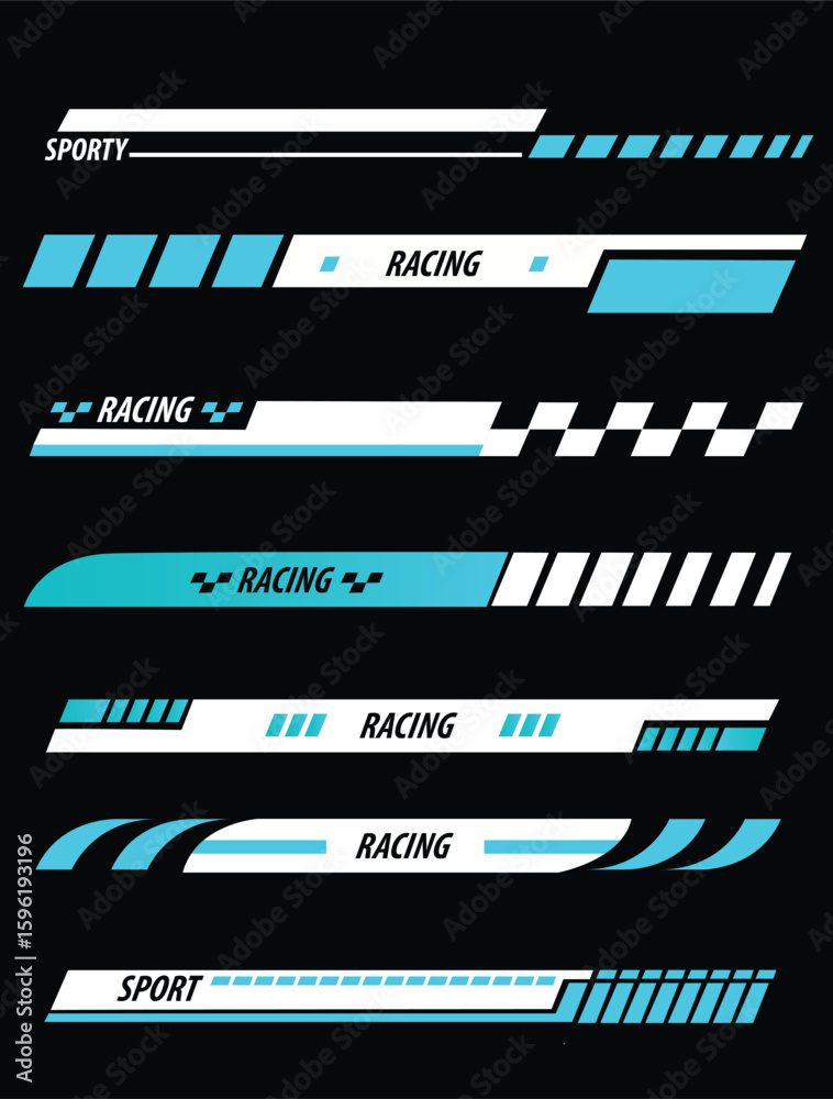 Set of seven racing themed graphic elements with white text and blue ...
