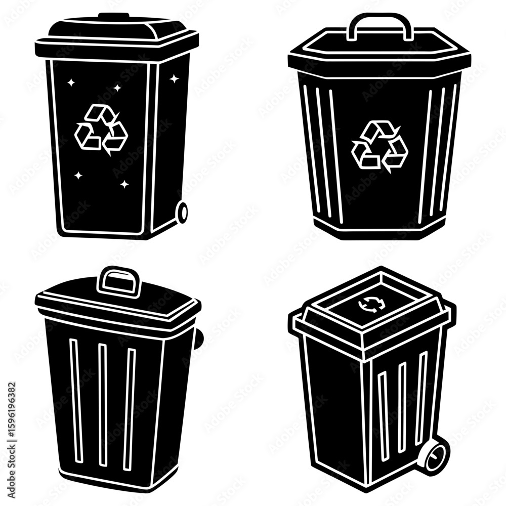 Illustration of four black and white recycle bins with different shapes ...