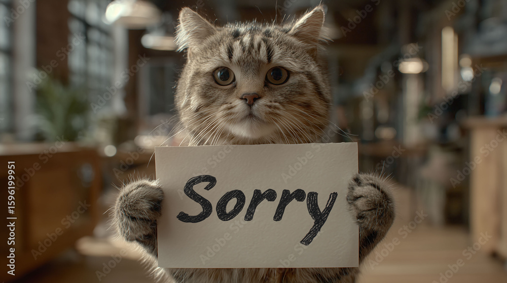 Cat with sorry message and sad eyes inside cozy indoor setting ...