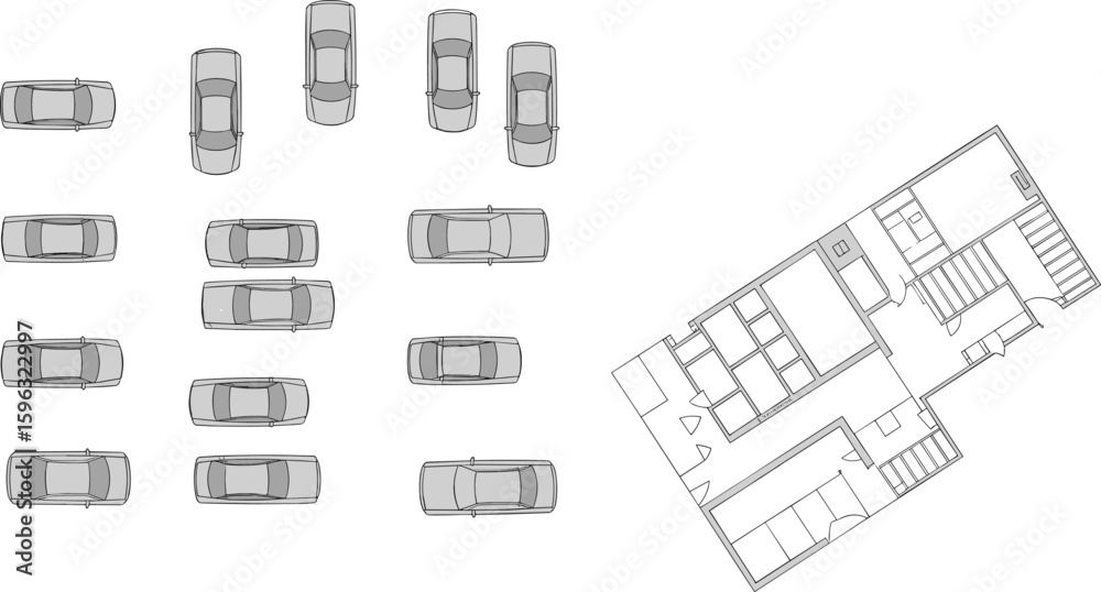 Top view vector floor plan with parking lot, architectural CAD drawing ...