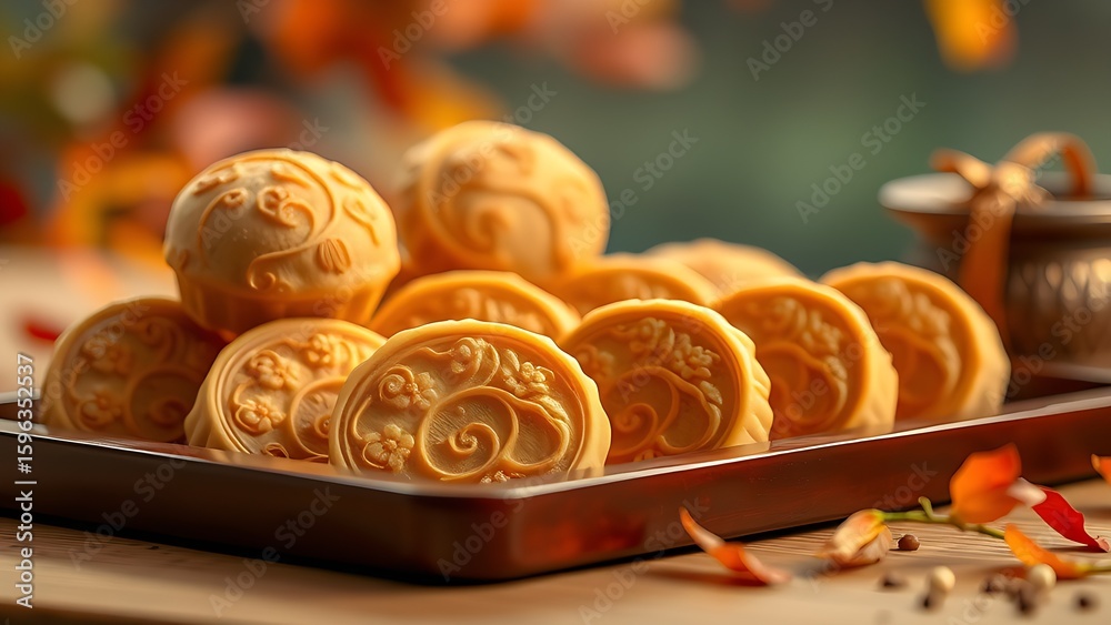 Traditional mooncakes on lacquered tray, floral patterns and gold ...