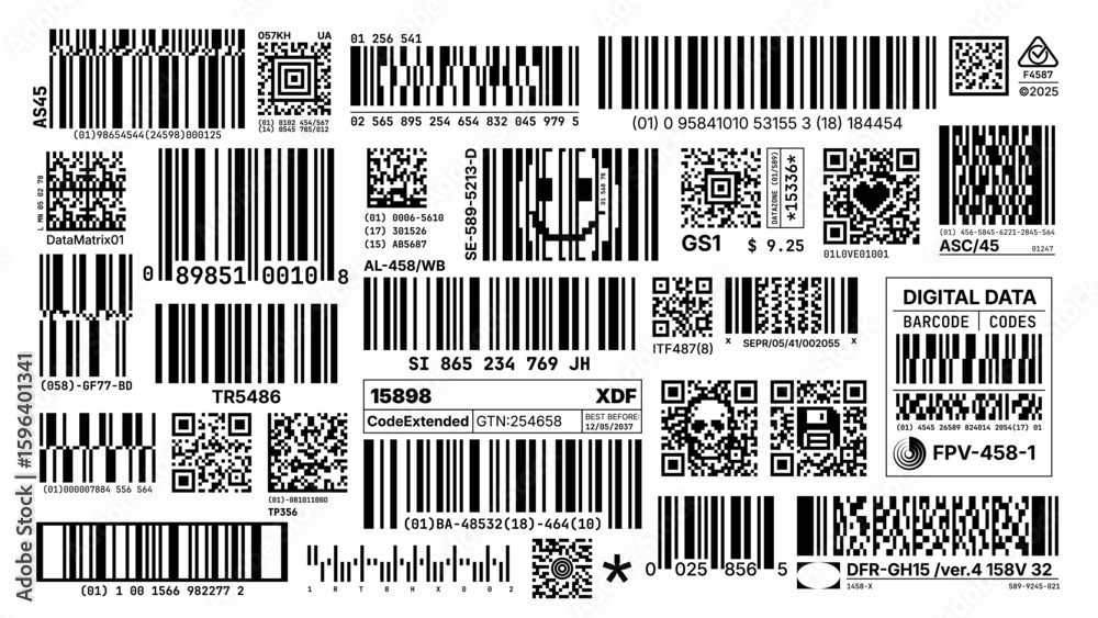 Futuristic Set Of Barcode Qr Code And Data Matrix Labels In Black And