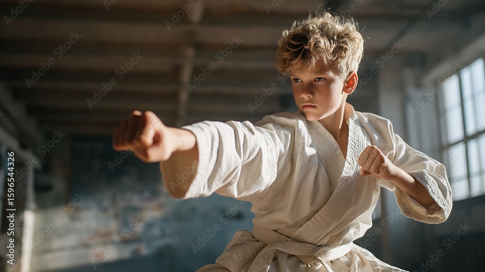 teen boy practicing martial arts moves in a modern dojo, wearing ...