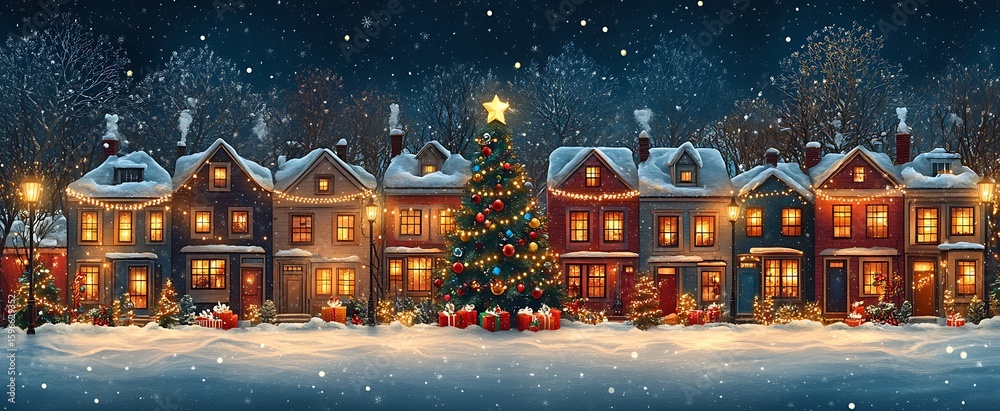 Festive christmas scene showcasing decorated houses illuminated by ...