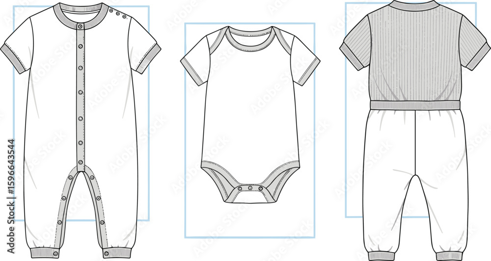 Baby romper and onesie fashion template, CAD drawing, technical sketch ...