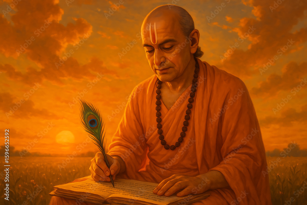 Spiritual monk writing scriptures with peacock feather at sunset field ...