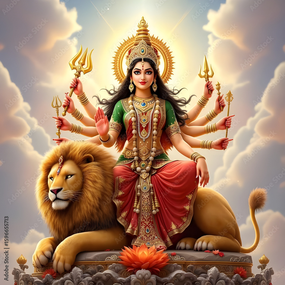Majestic Durga Devi atop a Lion, Hindu Goddess Stock Illustration ...