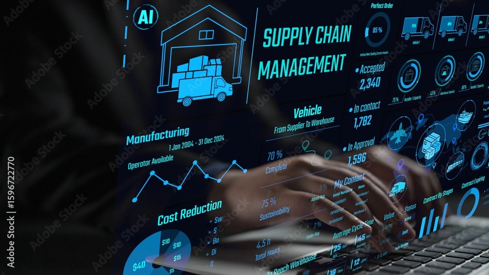 Supply chain management interface showing delivery routes, warehouse ...