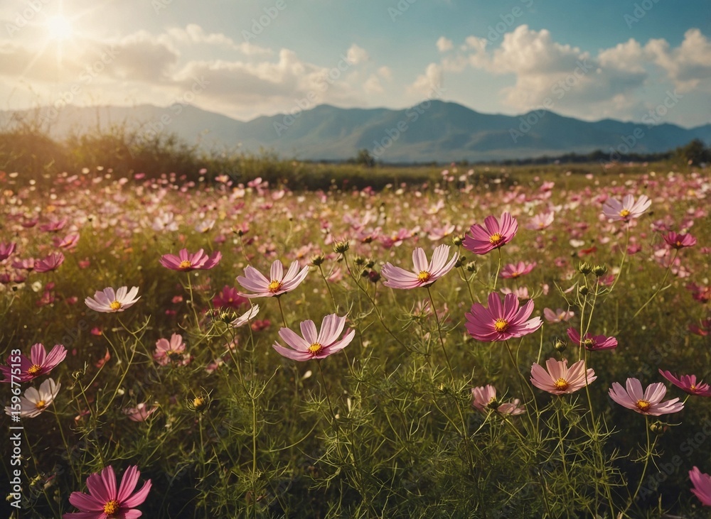 Vintage landscape nature background of beautiful cosmos flower field on ...