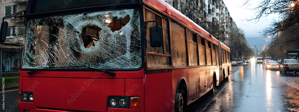Damaged city bus with shattered windshield on rainy street - Stock ...