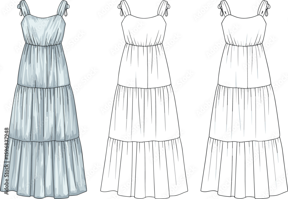 Maxi tiered dress fashion sketch, sleeveless elegant design, front and ...