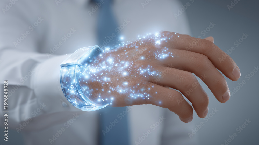 Minimalist smart medical wrist device on patientâ s hand, reflecting ...