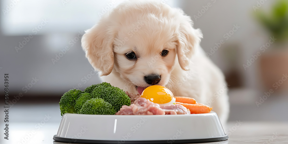 Healthy Pup: A golden puppy enjoys a nutritious meal of fresh meat, egg ...