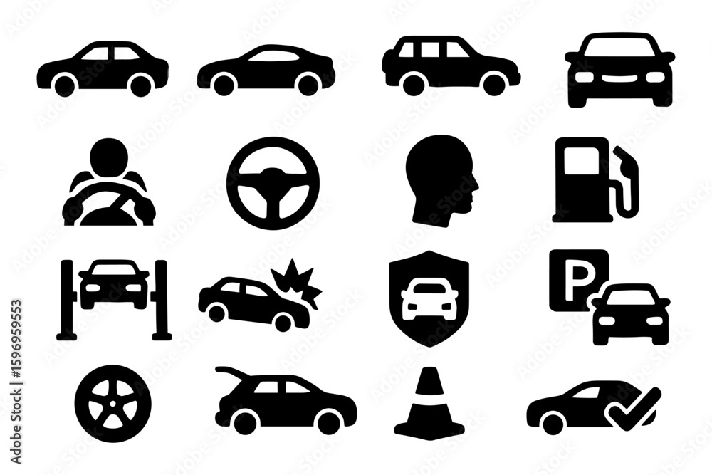 Vector de Stock Car icon set: vehicles, safety, parking, fuel, and ...