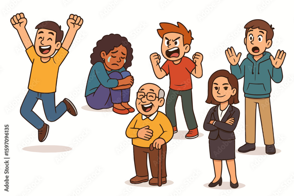 Diverse Reactions Cartoon Characters Displaying a Spectrum of Emotions ...