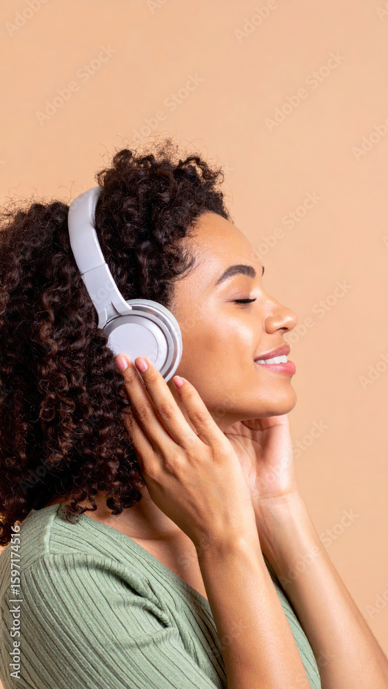 Persona escuchando música con audífonos negros, expresión de calma ...