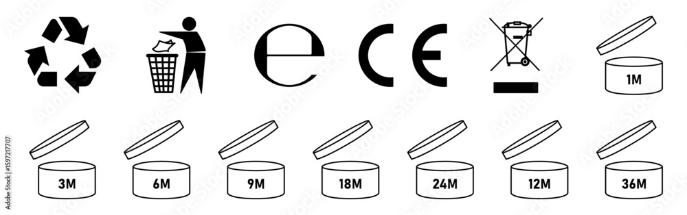 Collection of cosmetic expiry and packaging vector icons including PAO ...