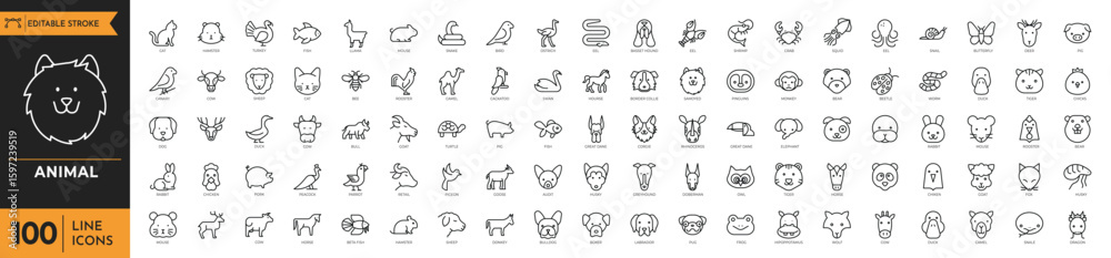 Animals icon set. Containing Cat, Dog, Rabbit, Hamster, Goat, Pig ...