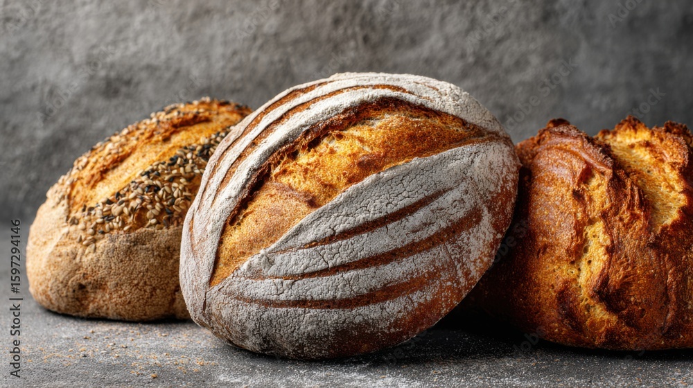 Three types of freshly baked artisanal breads are arranged on a rustic ...