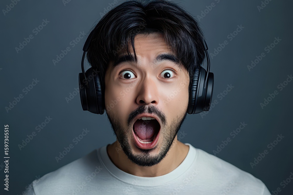 Excited and shocked Asian gamer expresses surprise with wide open eyes ...