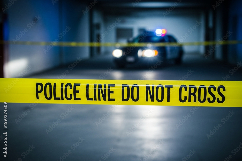 Yellow Police Line Tape Blocking Crime Scene with Blurred Patrol Car ...