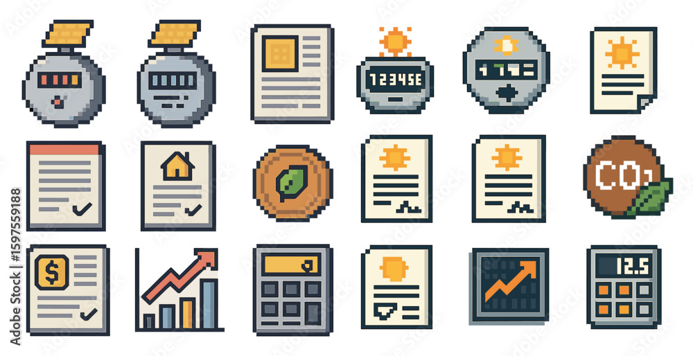 Utility and energy pixel art icons set – billing, consumption, power ...