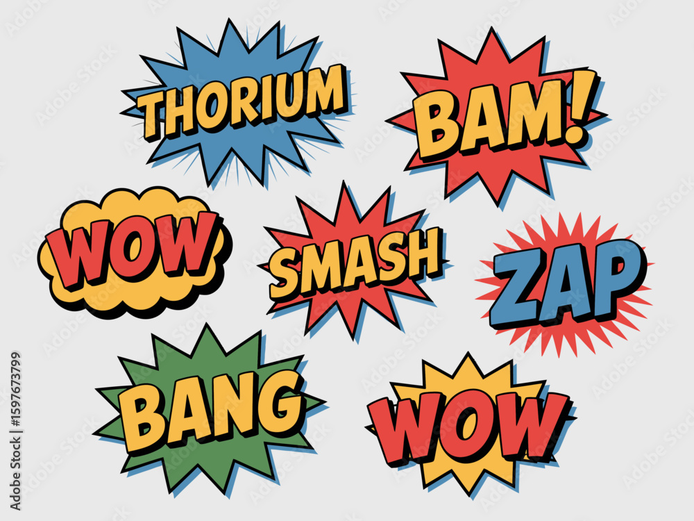 Colorful Comic Book Style Speech Bubbles with Action Words and ...