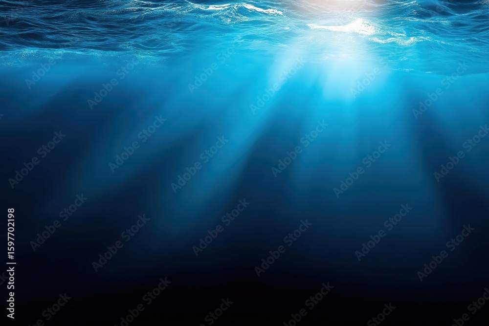 blue background with deep underwater water in sea and sunbeams on ...
