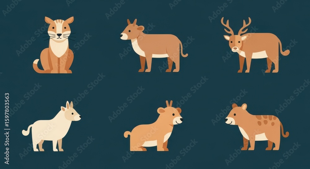Illustration of six different cartoon animals: a dog, several deer-like ...