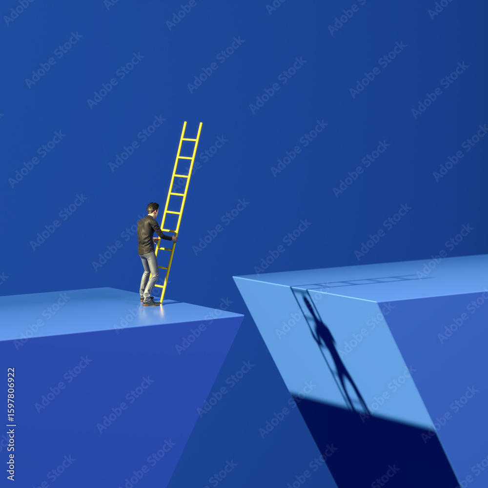 A man standing at a gap and trying to bridge it with a ladder. Concept ...