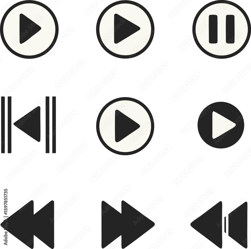 Collection of nine black and white media player icons including play ...