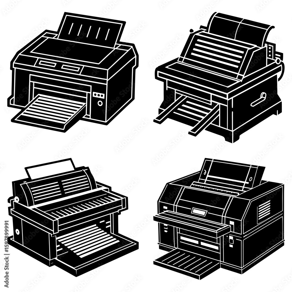 Four black and white illustrations of different types of printers with ...