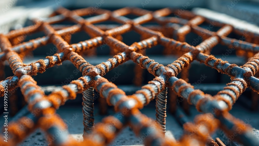 Rusty steel rebar grid used in construction and foundation work ...